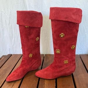 Escada | Shoes | Escada Studded Flowers Red Suede Leather Boots | Poshmark